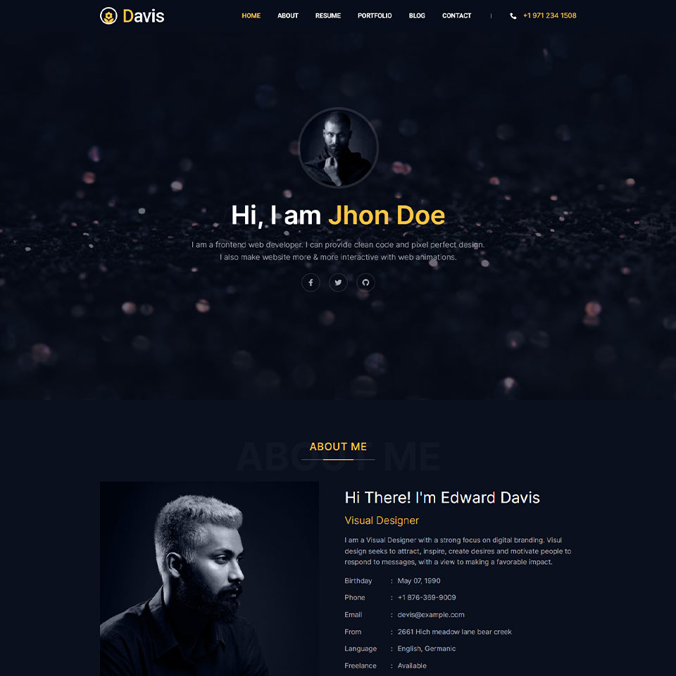 Davis - Personal portfolio ReactJs template