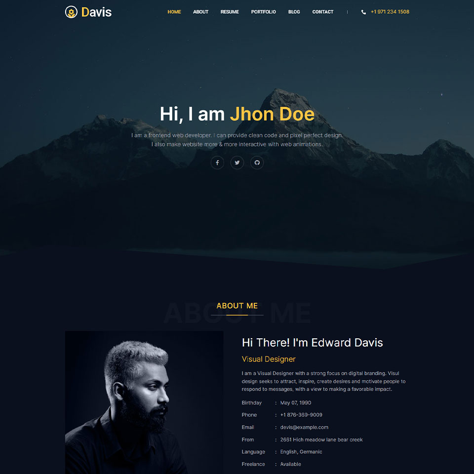 Davis - Personal portfolio ReactJs template